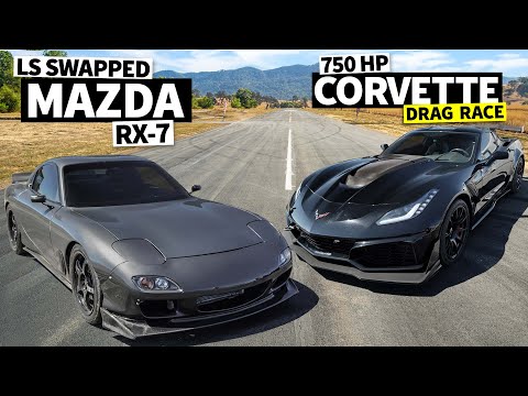 LS Swapped Mazda RX-7 vs 750hp Corvette Drag Race // THIS vs THAT ...